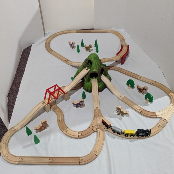 Toys | Wooden Railway Dinosaur Themed Train Set Cave Bridges Dinosaurs ...